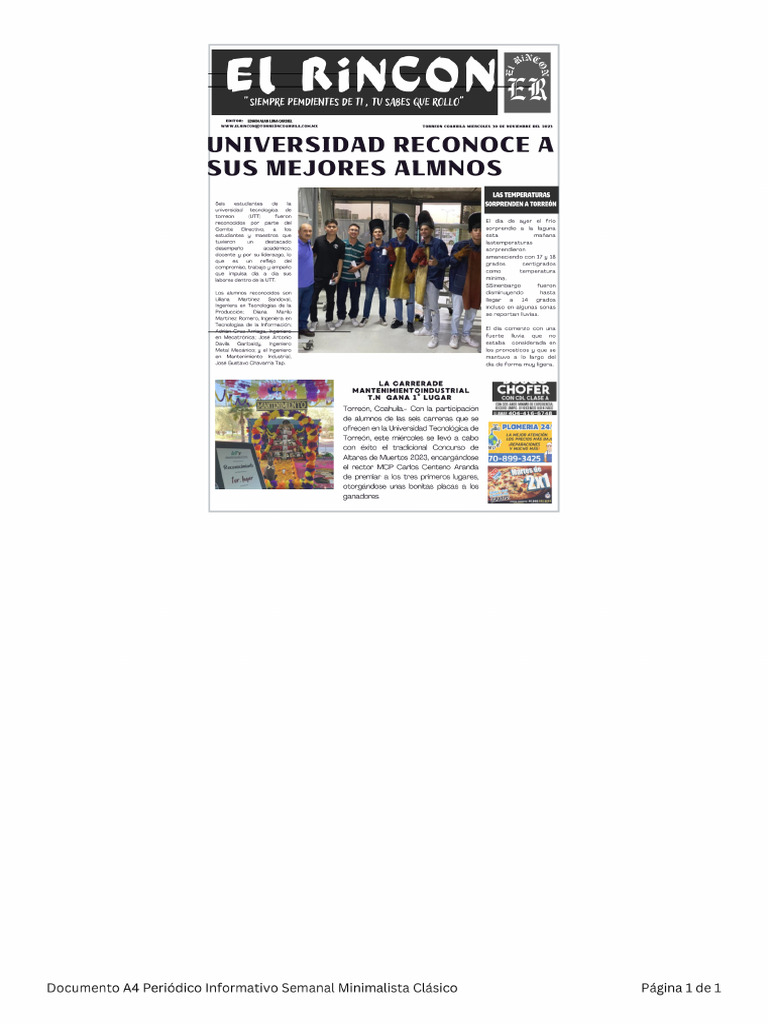 Documento A4 Periódico Informativo Semanal Minimalista Clásico ...