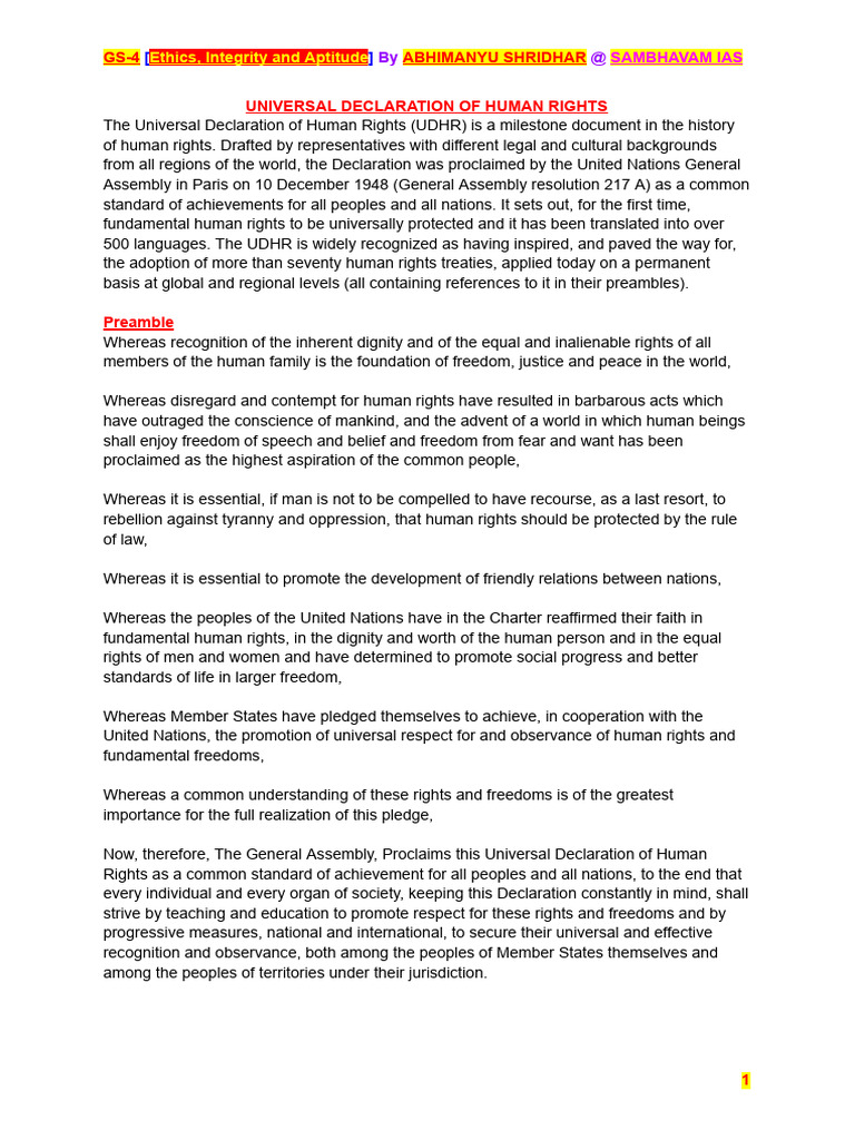 Universal Declaration of Human Rights (Ethics Class - 24) | PDF | Human Rights | Dignity