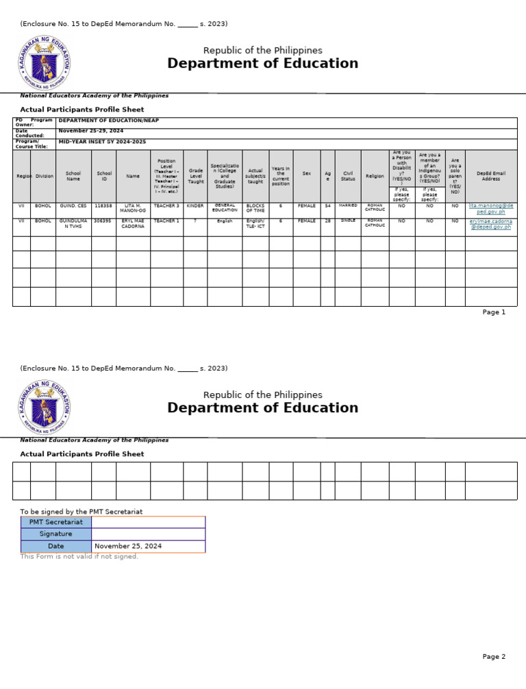 FINAL Enclosure No. 15 Actual Participants Profile Sheet MID YEAR INSET ...