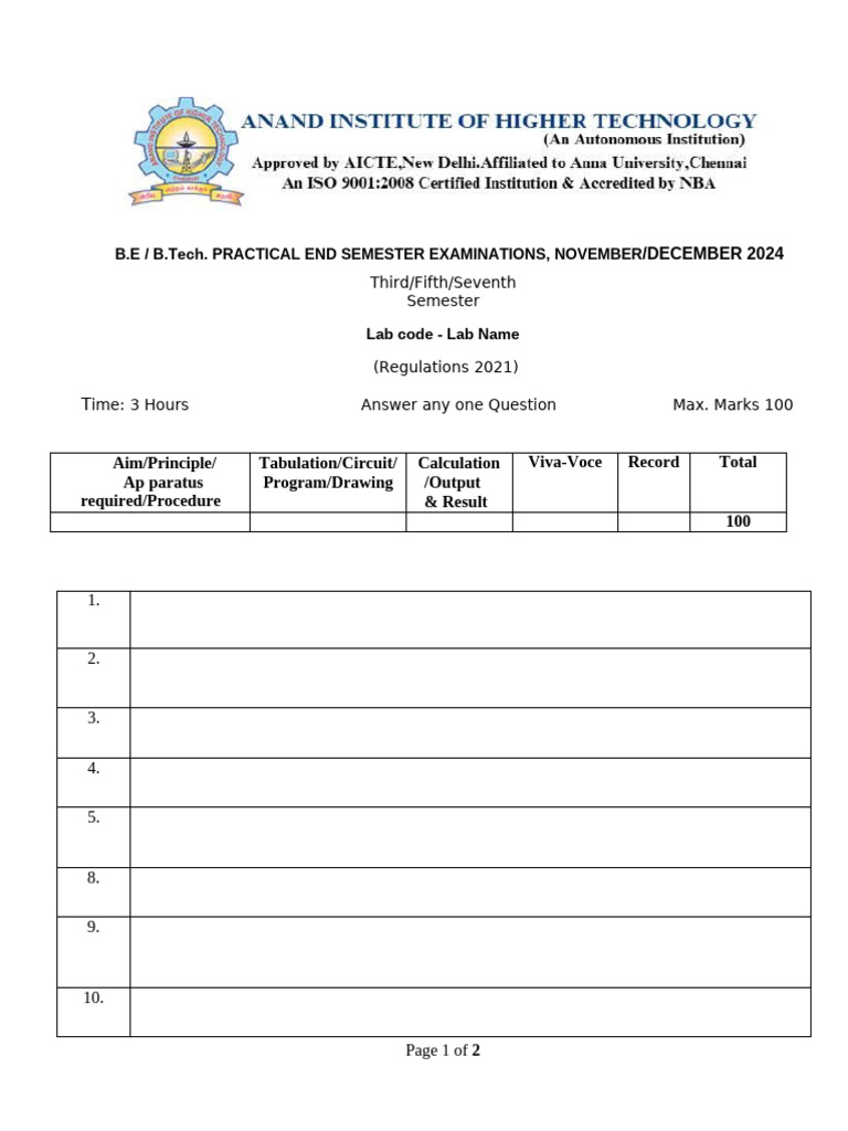 Lab Question Paper Format | PDF