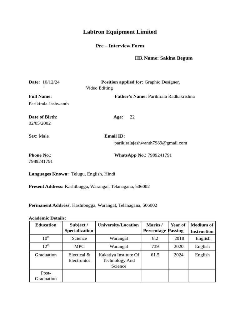 Pre-Interview Form (Parikirala Jashwanth) | PDF