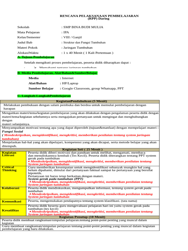 RPP Daring IPA Kelas VIII: Jaringan Tumbuhan | PDF