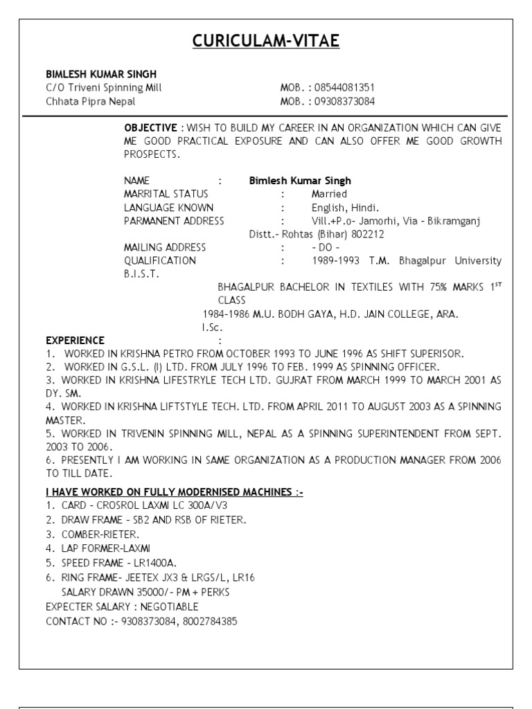 Bimlesh Kumar Singh's CV Summary | PDF