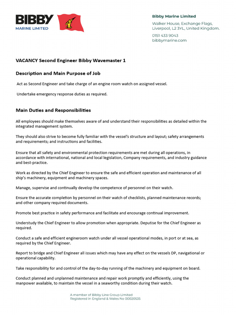 BWM1 Second Engineer Vacancy | PDF