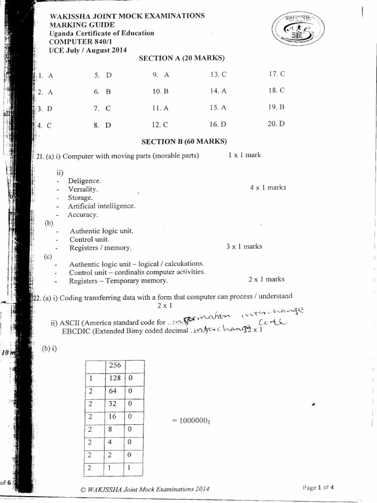 WAKISSHA COMPUTER STUDIES PAPER 1 2014 MARKING GUIDE | PDF