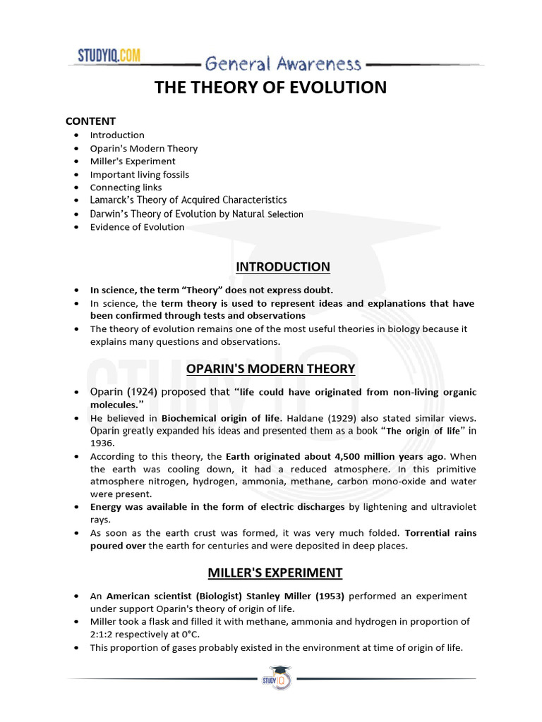 The Theory of Evolution | PDF | Abiogenesis | Evolution