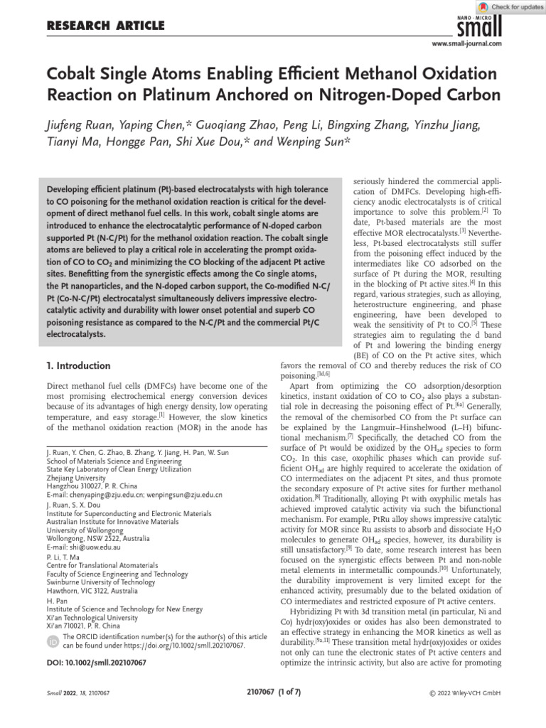 Small - 2022 - Ruan - Cobalt Single Atoms Enabling Efficient Methanol ...