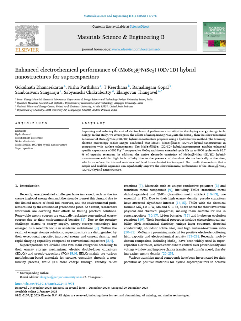 Enhanced Electrochemical Performance of (MoSe2@NiSe2) (0D_1D) Hybrid ...