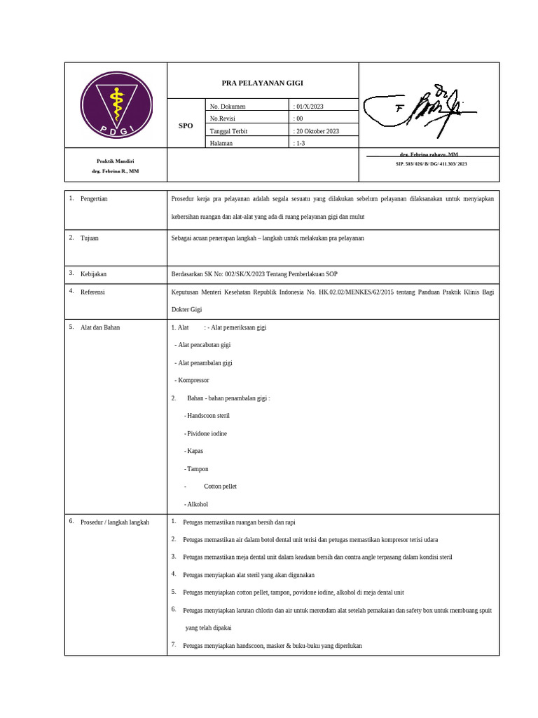 Sop Pra Pelayanan Gigi | PDF
