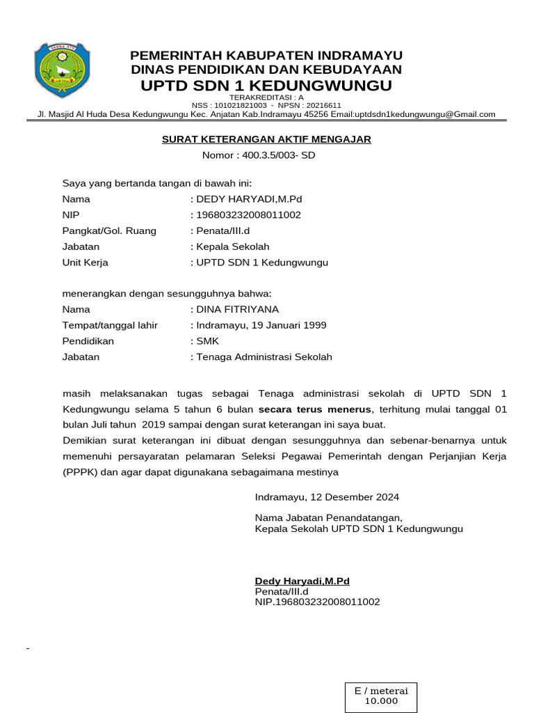 Bu Dina Surat Keterangan Aktif Kerja PPPK New | PDF