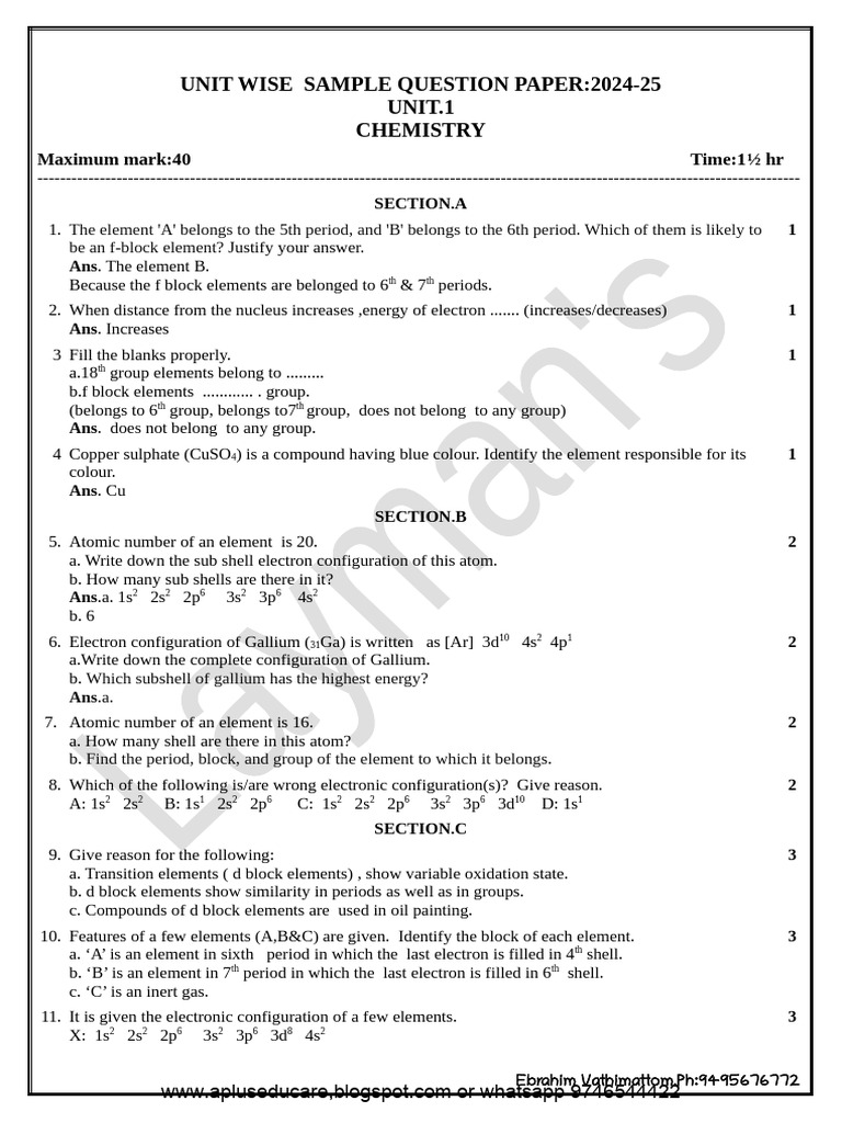 A+ Blog-Sslc Exam-2025-Chemistry-unit Wise Sample Question Paper-Set-1 ...