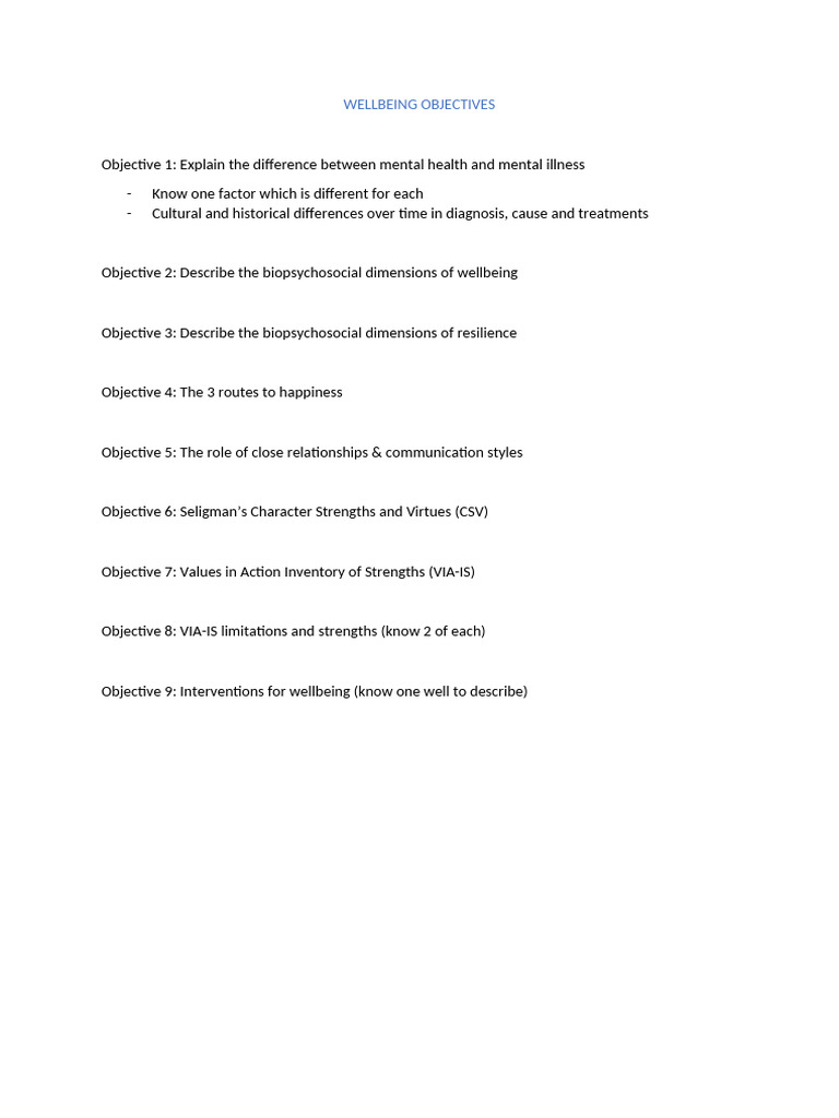 Wellbeing Learning Objectives | PDF