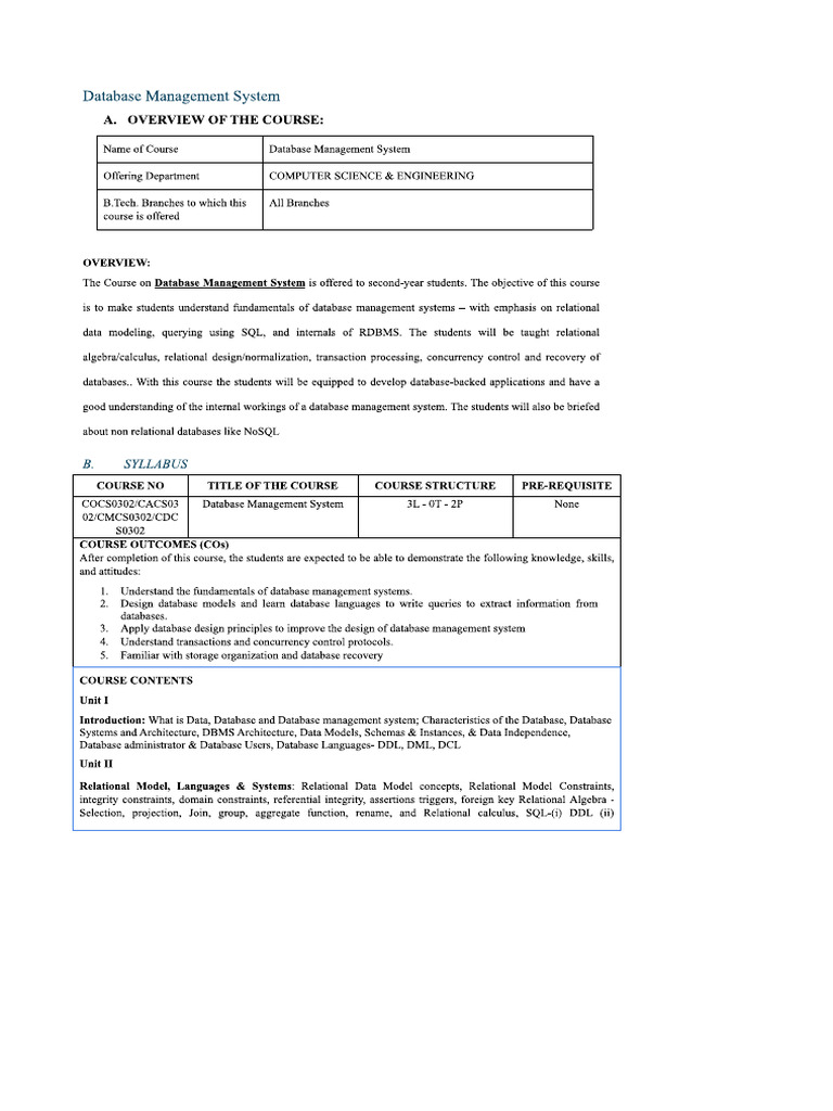 Dbms Syllabus | PDF