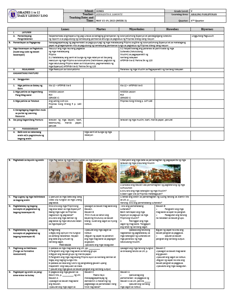 Grade 5 DLL Araling Panlipunan 5 Q4 Week 3 | PDF