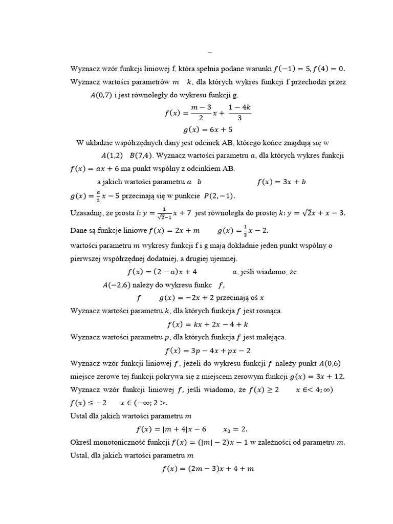 Funkcja Liniowa - Zadania (1) | PDF