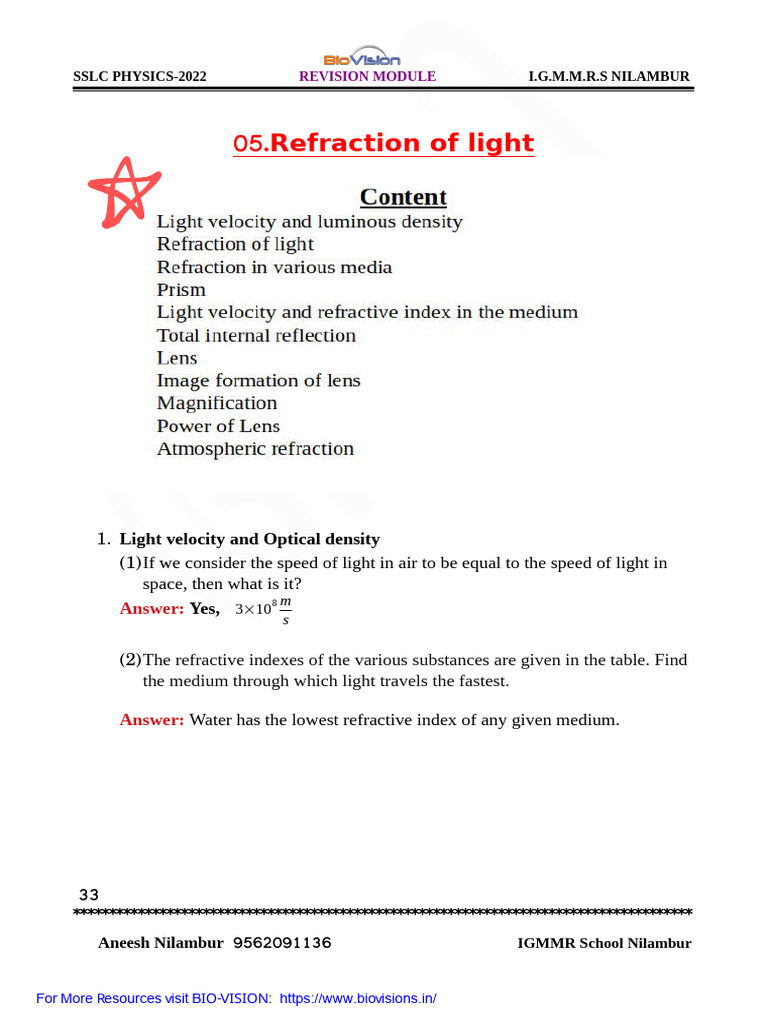 BIO-VISION_SSLC Physics Chapter 5 Notes EM_copy | PDF | Refraction ...