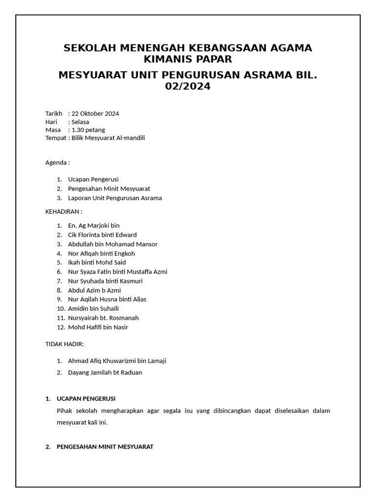 Minit Mesyuarat Pengurusan Asrama Bil 2 2024 | PDF
