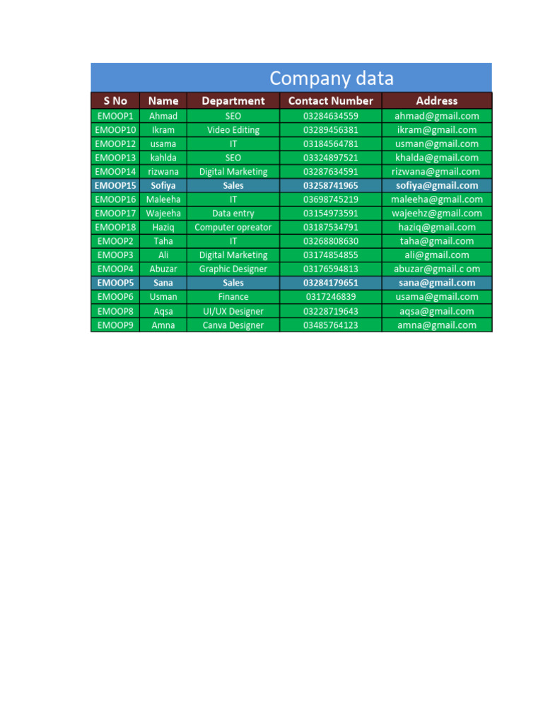 Company Data: Sno Name Department Contact Number Address | PDF