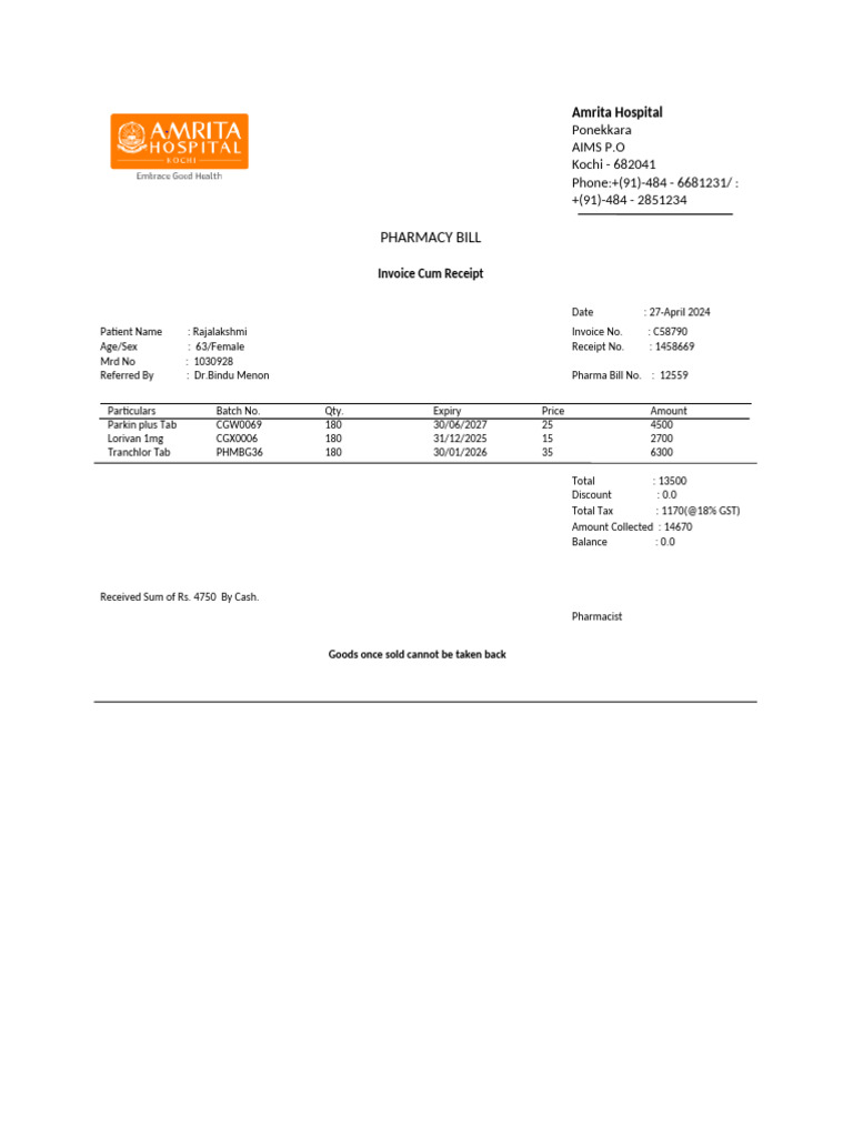 Pharmacy Bill for Rajalakshmi | PDF
