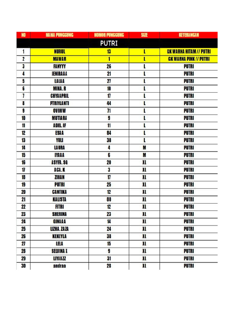 Data Jersey Putri | PDF