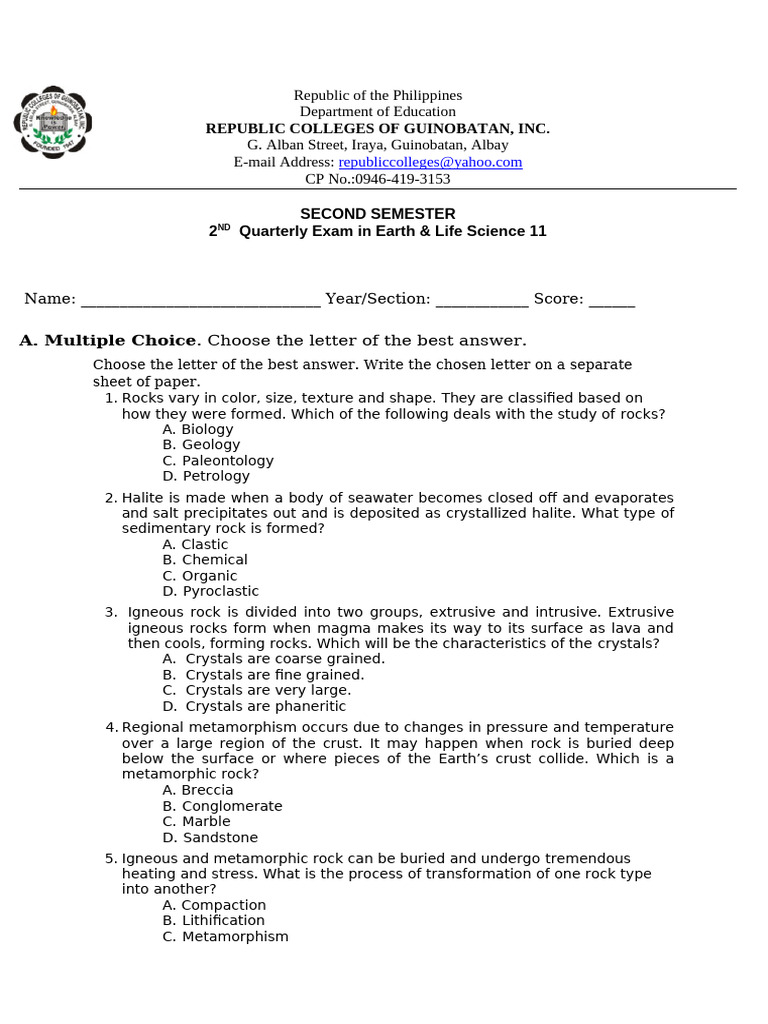 FINAL EXAM IN ELS | PDF | Rock (Geology) | Sedimentary Rock