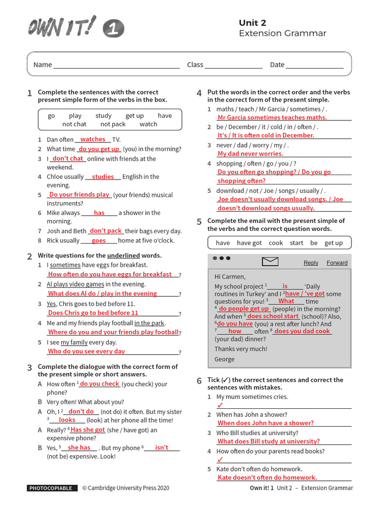 Extension_Grammar_Unit2_with_answers | PDF | Syntax | Grammar