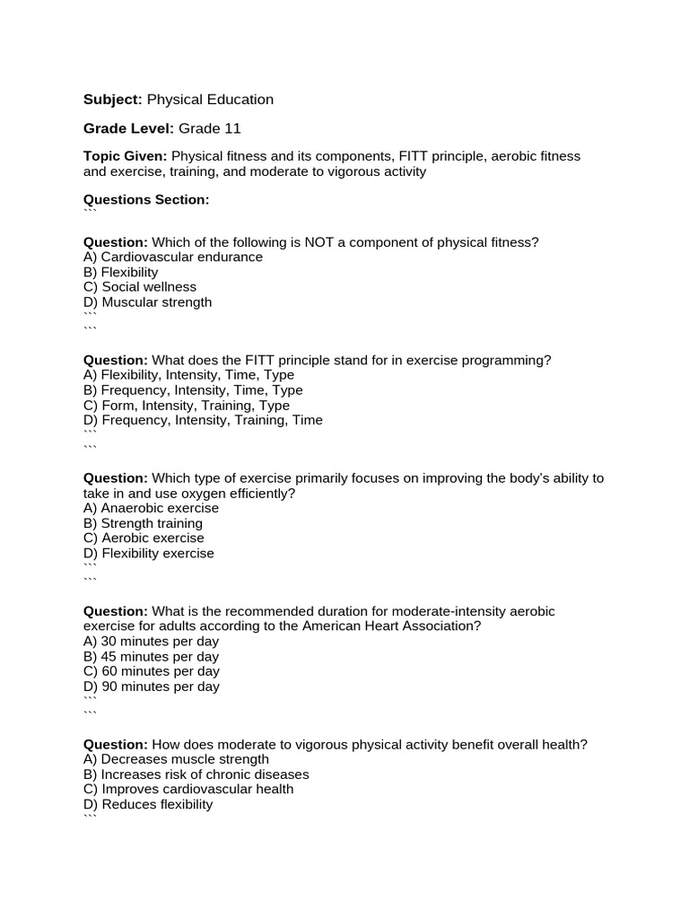 Quiz - Physical Education | PDF | Physical Fitness | Aerobic Exercise