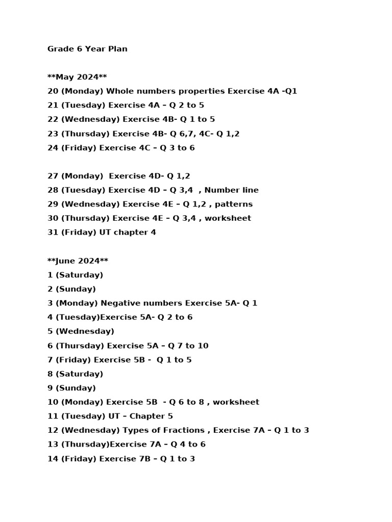 Grade 6 Math Yearly Plan 2024-2025 | PDF | Academic Term
