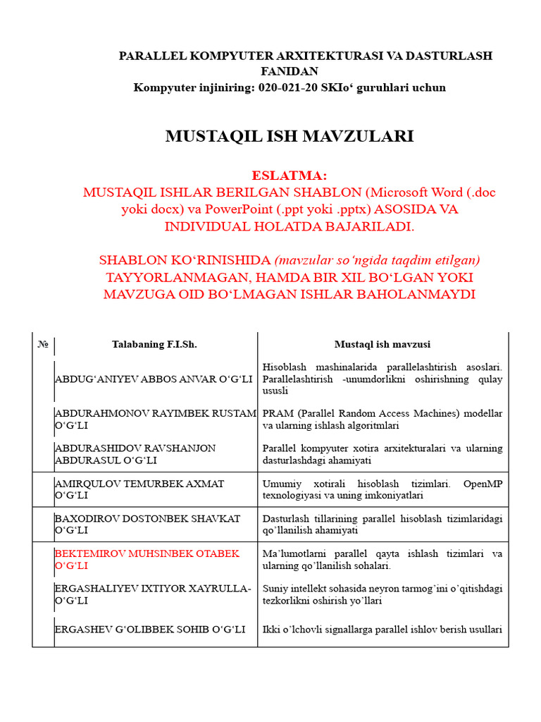 Mustaql Ish Mavzulari (020-021-20 SKIo' ) | PDF