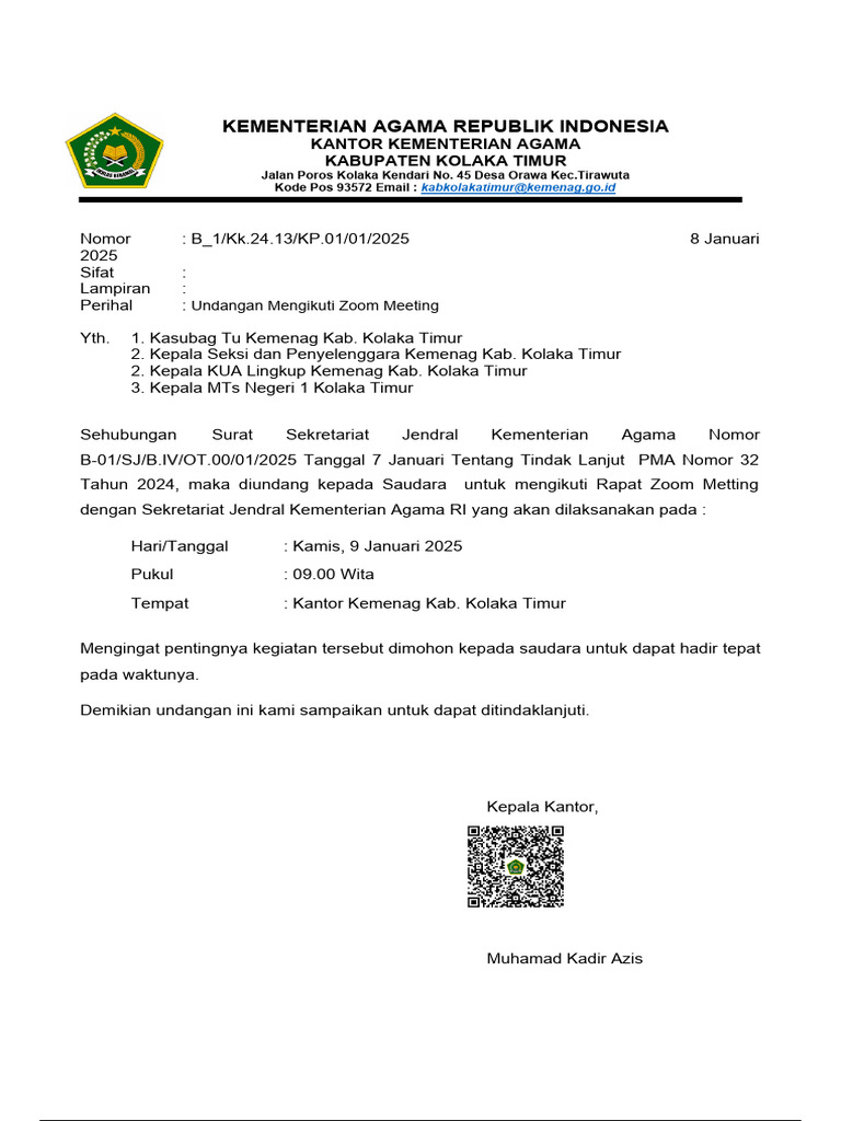 Undangan Zoom Meeting Kemenag Kolaka Timur | PDF