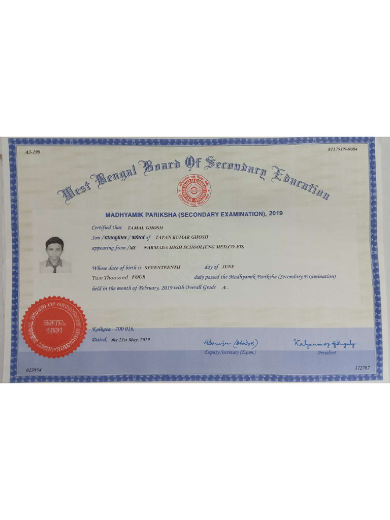 Madhyamik Certificate | PDF