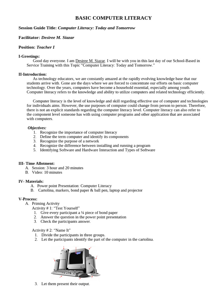Session Guide-Basic Computer Literacy | PDF | Literacy | Software