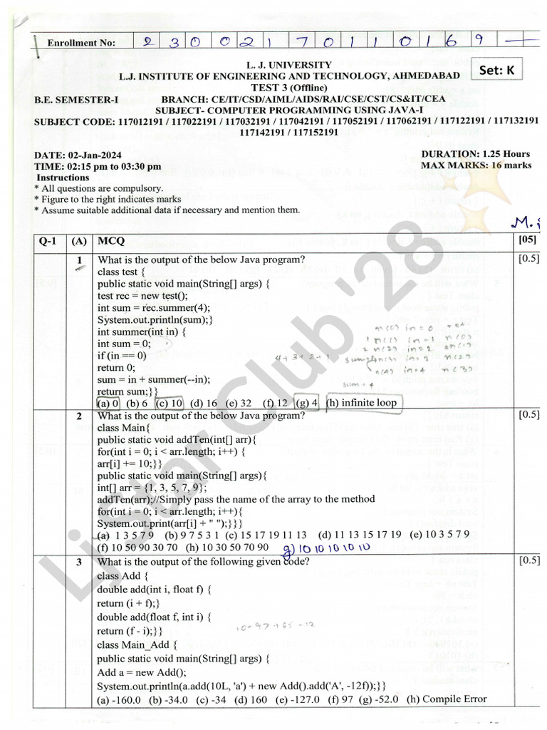 Java-i t3 Offline Pyq 2023-2024 | PDF