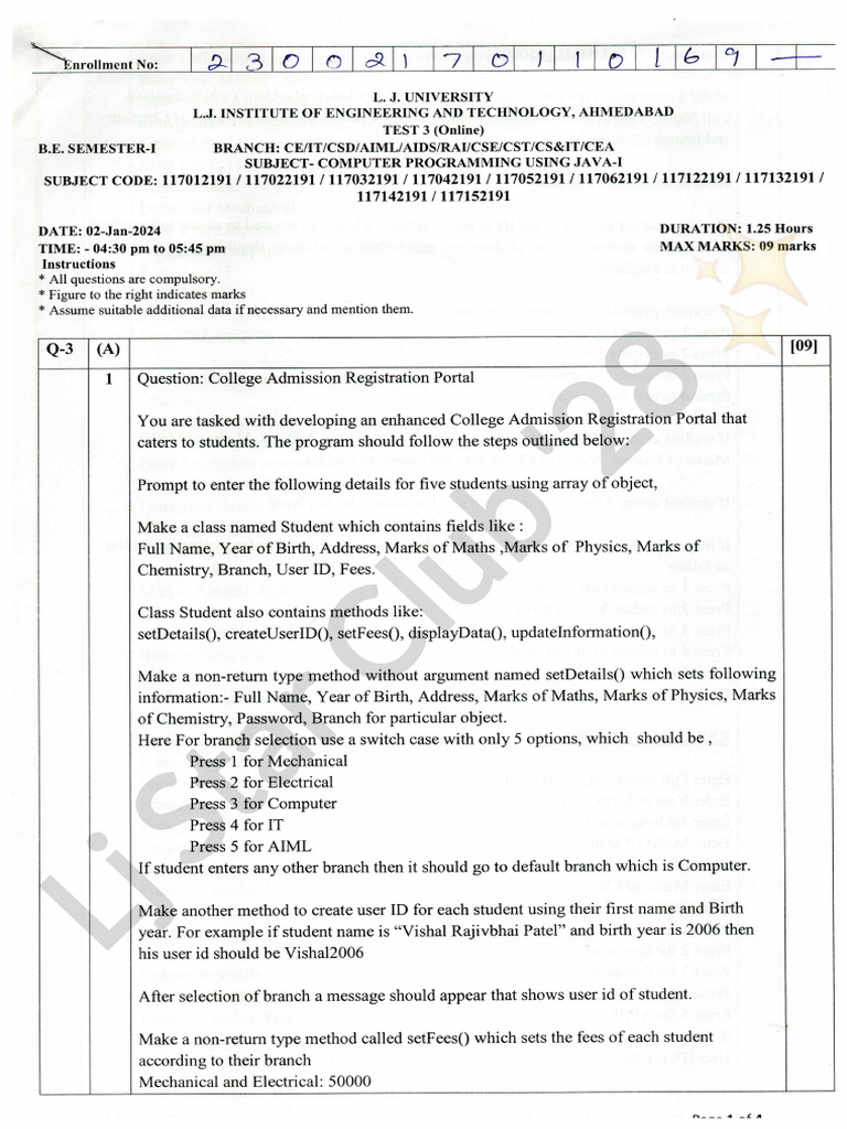 JAVA-I T3 Online PYQ 2023-2024 | PDF