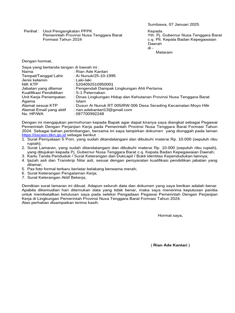 Format Surat Lamaran PPPK Tahun 2024 | PDF