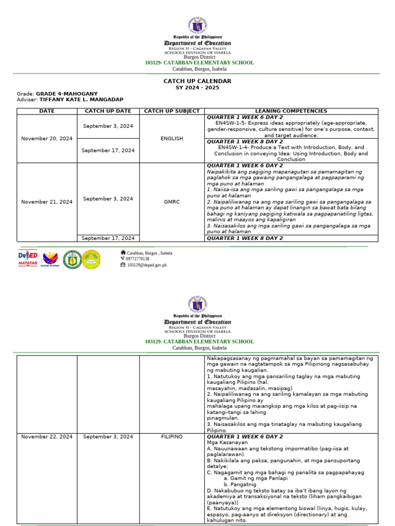 Catch Up Calendar | PDF
