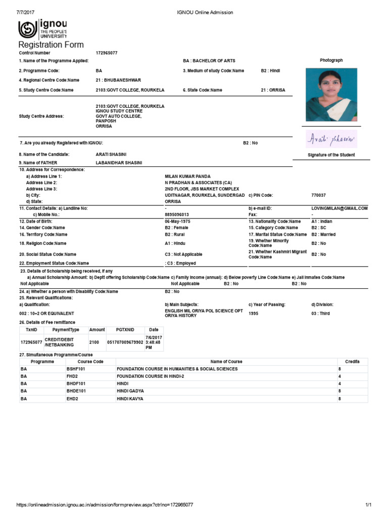 IGNOU Online Admission Summary | PDF