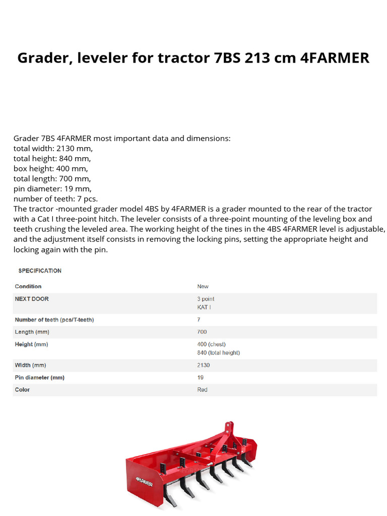 Data Sheet Grader, Leveler For Tractor 7BS 213 CM 4FARMER | PDF