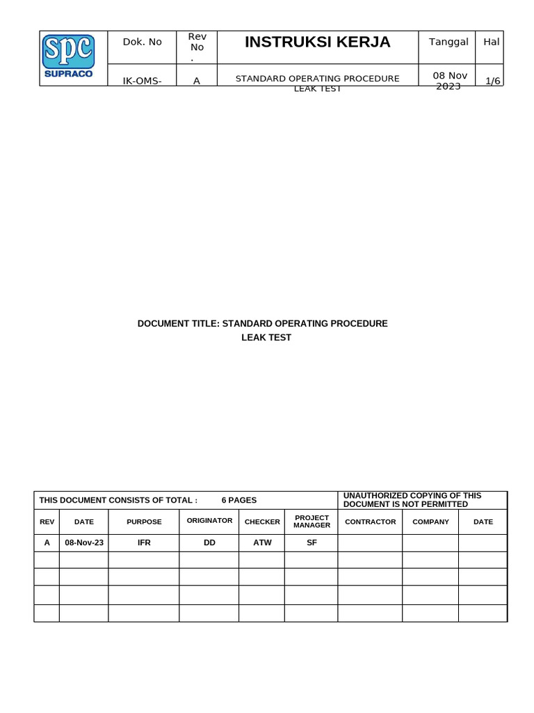 Leak Test Standard Operating Procedure | PDF | Leak | Valve