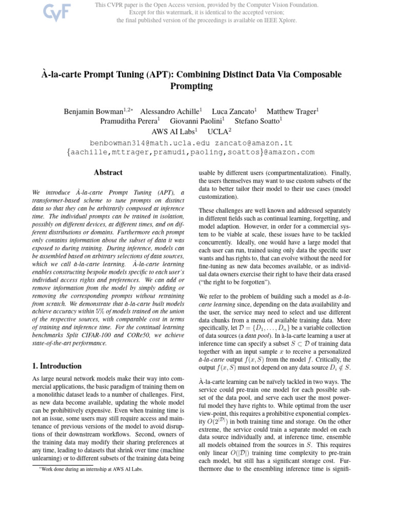 Bowman a-La-Carte Prompt Tuning APT Combining Distinct Data via Composable Prompting CVPR 2023 ...