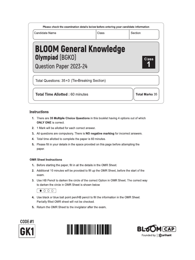 Bloom Olympiad General Knowledge 1st GK1 | PDF