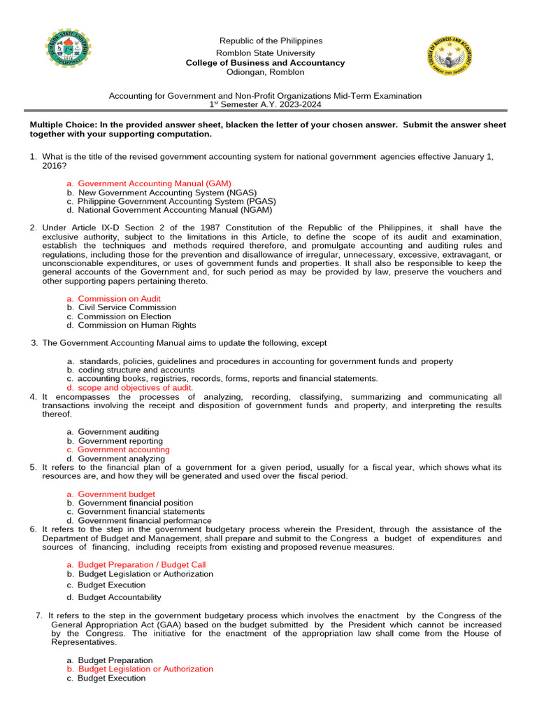 Mid-Term Exam: Government Accounting 2023 | PDF | Government Budget ...