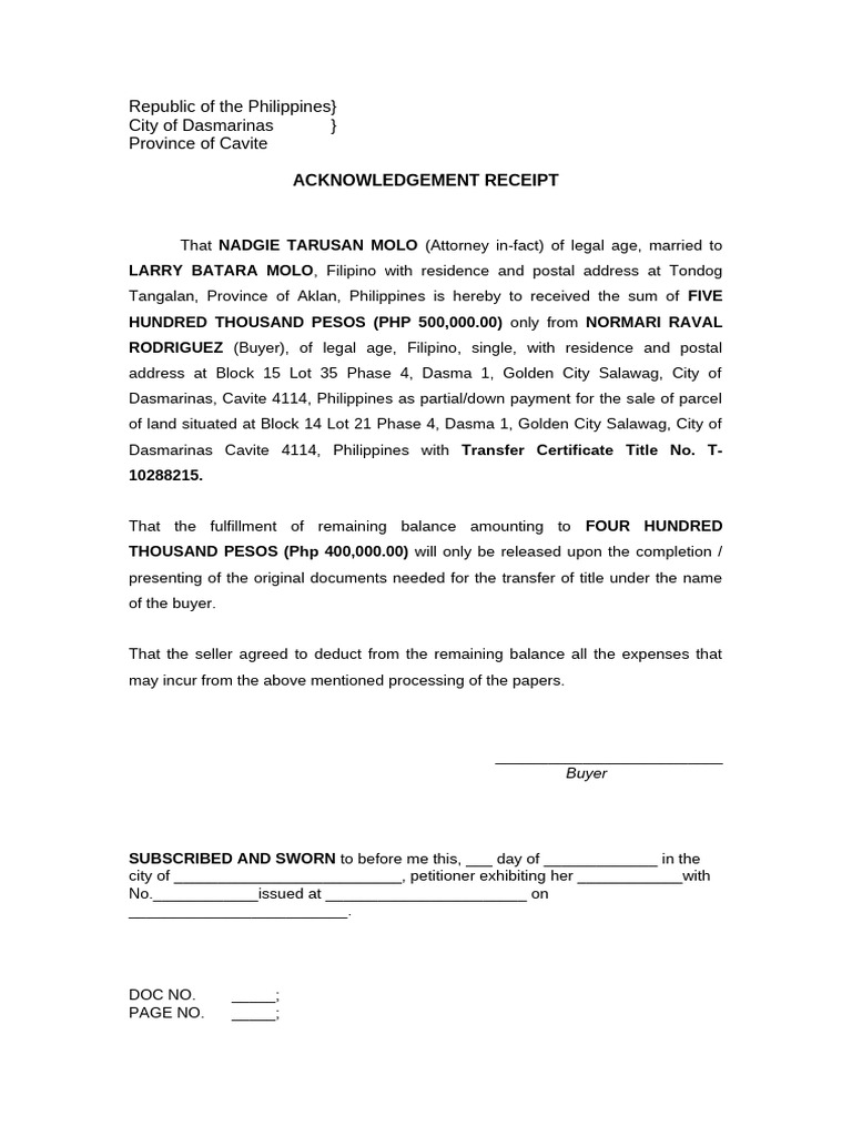 Acknowledgement Receipt for Land Sale | PDF