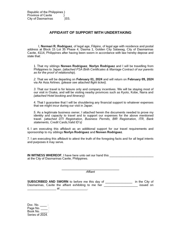 Affidavit of Support With Undertaking | PDF