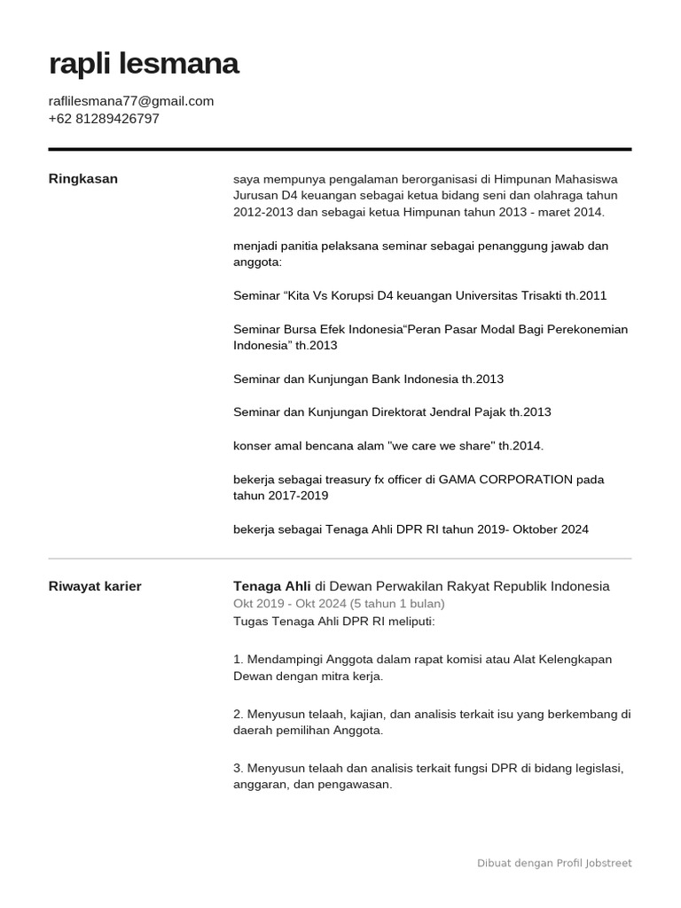Pengalaman Karier dan Keahlian Rafli Lesmana | PDF