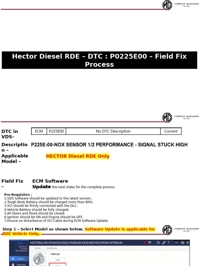 Hector Diesel RDE - P225E00 DTC Field Fix Process | PDF