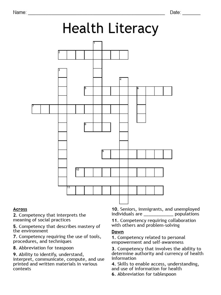 Health Literacy Crossword Puzzle | PDF