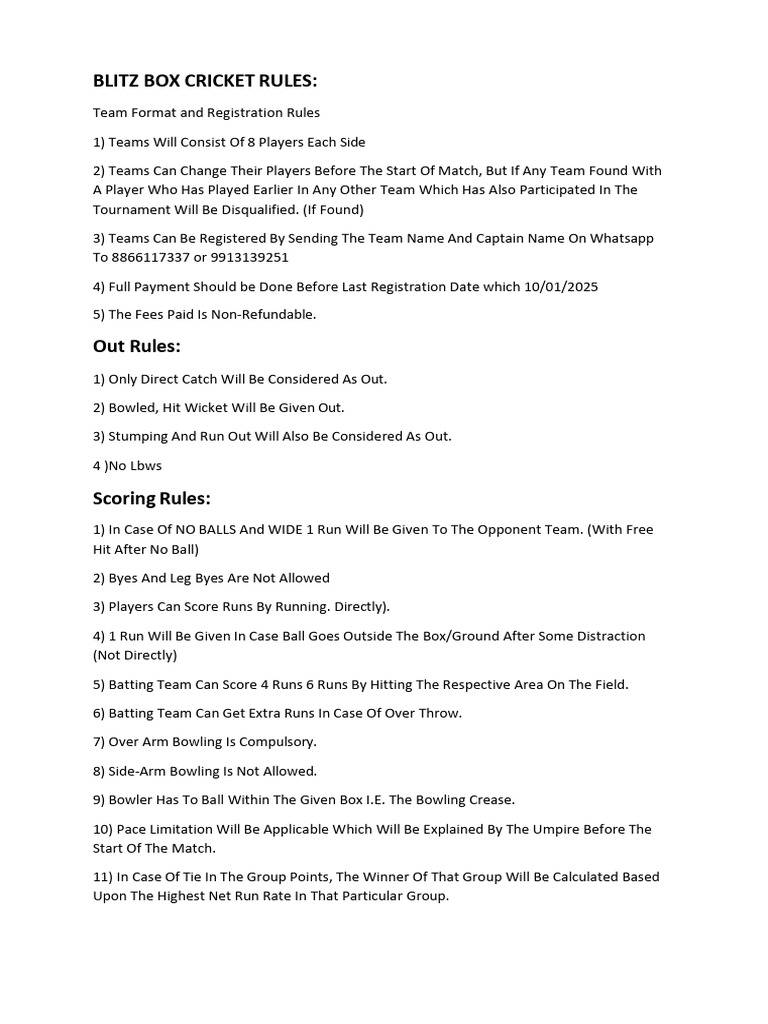 BLITZ CRICKET BOX RULES | PDF | Bowling (Cricket) | Cricket