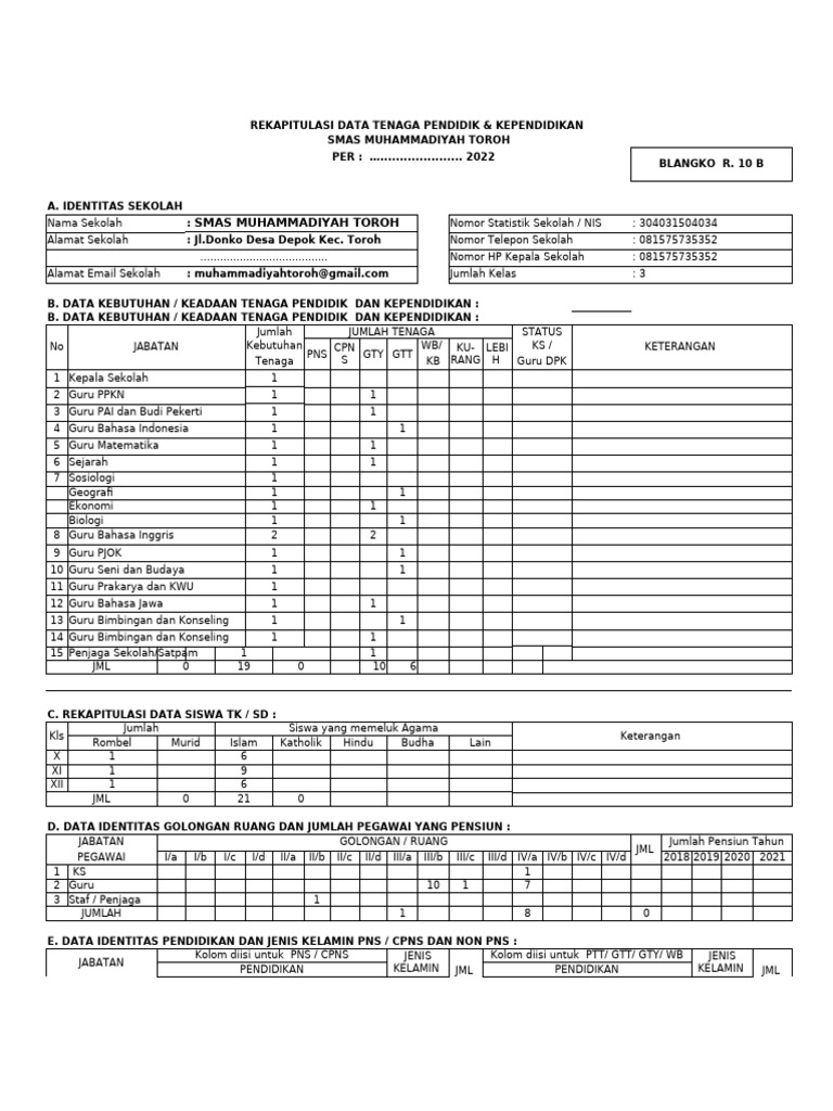 Blangko R 10 SD Rekapitulasi Data Tenaga Pendidik & Kependidikan | PDF