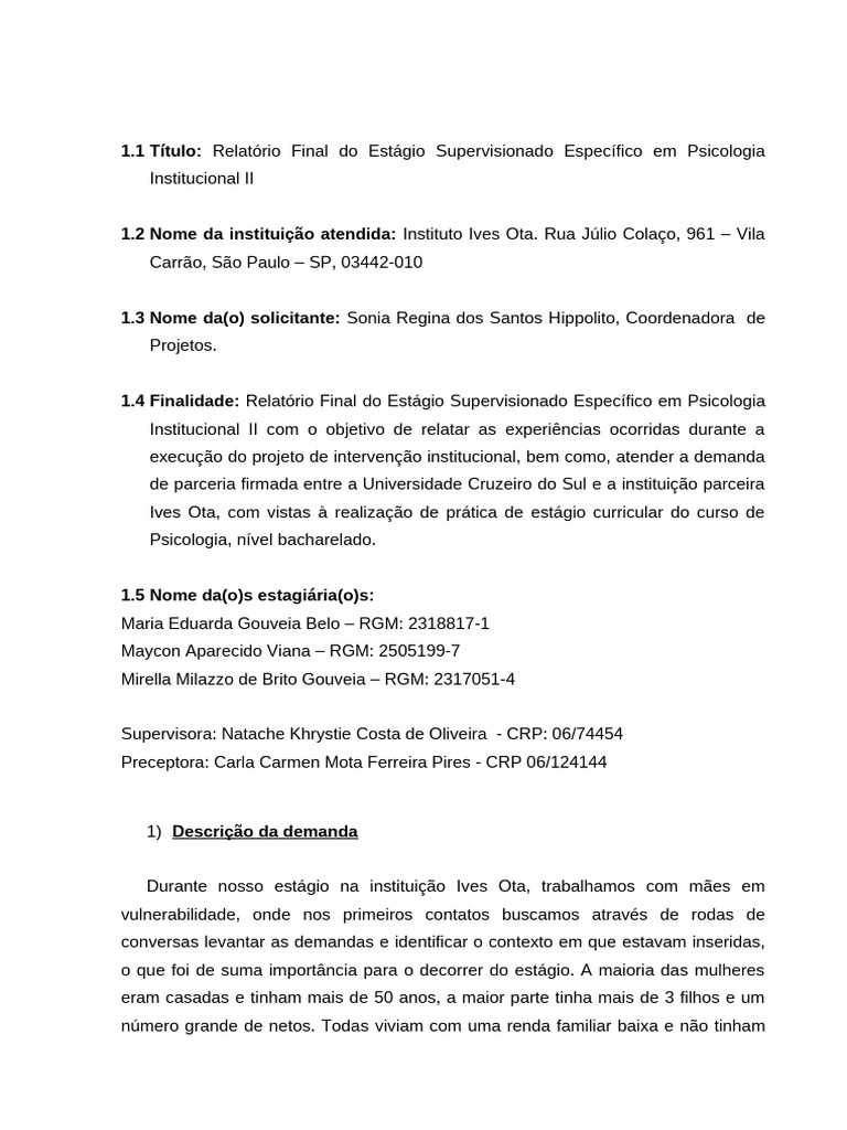 Relatório Final - Maria, Maycon e Mirella | PDF | Psicologia | Sociologia